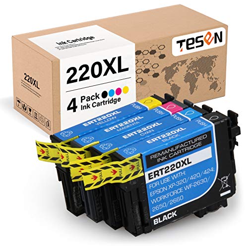 TESEN Remanufactured 220XL RT220XL ERT220XL NE-RT220XL Ink Cartridge Replacement for Epson 220 220XL T220XL Use with Workforce WF-2760 WF-2750 WF-2630 WF-2650 WF-2660 XP-320 XP-424 XP-420 4-Pack