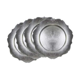 charge it by jay scallop charger plate 13” decorative melamine service plate for home, professional dining, perfect for upscale events, dinner parties, weddings, banquets, catering, set of 4, silver