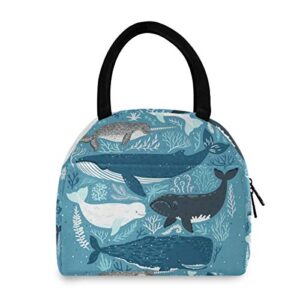 senya lunch bag, sea animal whale coral blue insulated lunch box cooler bag tote bag for women kids/picnic/school/work