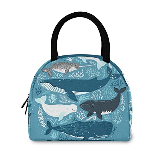 senya Lunch Bag, Sea Animal Whale Coral Blue Insulated Lunch Box Cooler Bag Tote Bag for Women Kids/Picnic/School/Work