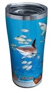 tervis triple walled guy harvey insulated tumbler cup keeps drinks cold & hot, 20oz - stainless steel, shark collage