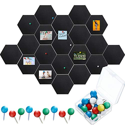 20 Packs Pin Board Hexagon Felt Board Tiles Black Bulletin Board Memo Board Notice Board with 40 Pieces Push Pins, Decoration for Home Office Classroom Wall 5.9 x 7 inches/ 15 x 17.7 cm