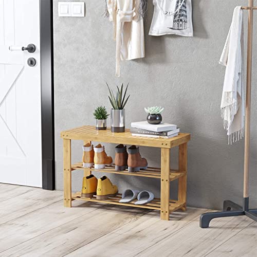 C&AHOME Shoe Rack Bench Bamboo, 3-Tier Shoe Organizer for Entryway, Shoe Storage Shelf Holds up to 240 LBS, Storage Benches Ideal for Bathroom Bench, Entryway, Hallway and Living Room, Natural