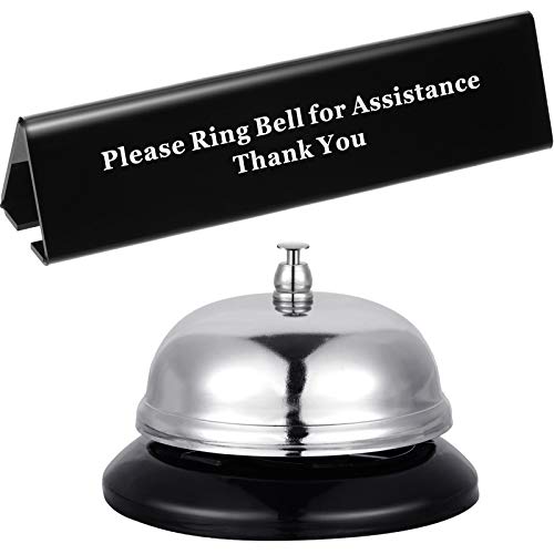 Boao Desk Service Dinner Bell Metal Construction Call Bell and Double Side No Receptionist Sign Please Ring Bell Sign for Service Assistance for Hotel School Restaurant Reception Area (sliver Bell)