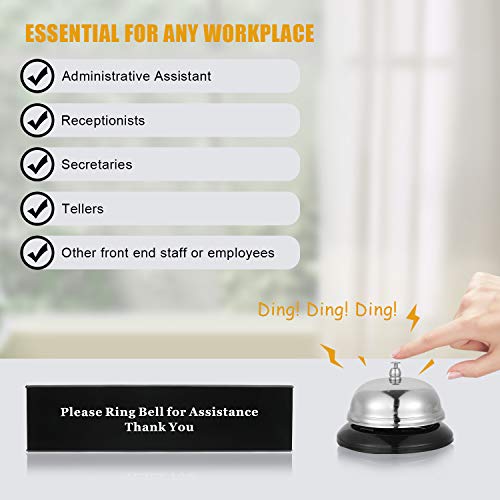 Boao Desk Service Dinner Bell Metal Construction Call Bell and Double Side No Receptionist Sign Please Ring Bell Sign for Service Assistance for Hotel School Restaurant Reception Area (sliver Bell)