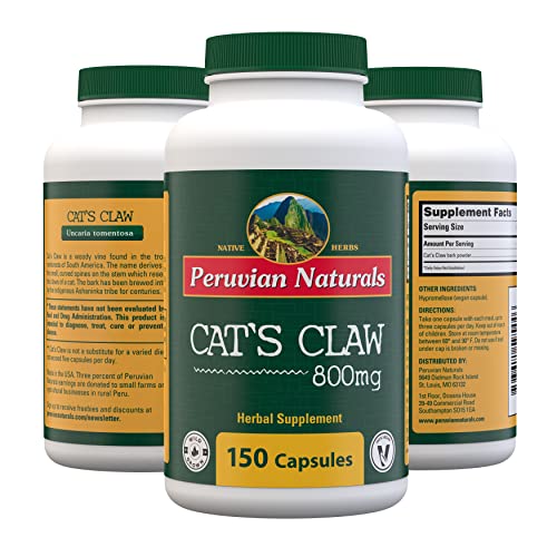 Peruvian Naturals Cat's Claw 150 Capsules – Uña de Gato 800 milligrams of Vegan, 100% Natural Cats Claw Bark Grown in Peru | Corteza UNA de Gato