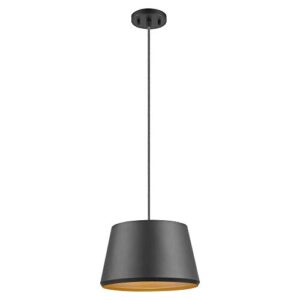 bari 1-light pendant, black, matte finish, brass accents, half opal glass shade