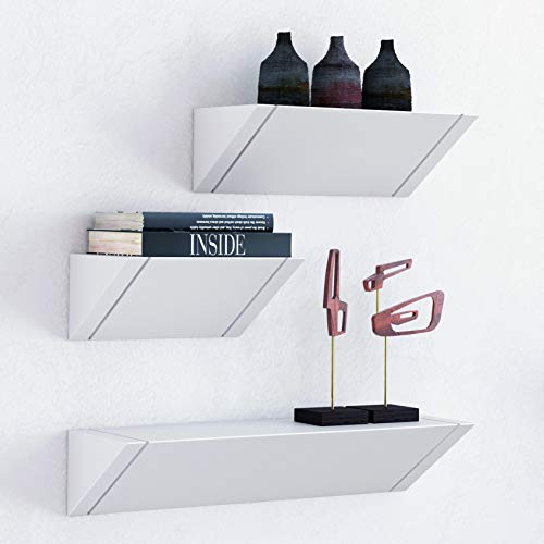 Fytz Design 3-Piece Set of Modern White Floating Shelves - Perfect for Living Room, Bedroom, Bathroom, Kitchen, and Office - M