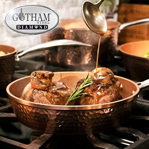 Gotham Steel 9.5" Hammered Pan with Tempered Glass Lid and Cool Touch Handles, Ultra Nonstick Fry Pan, Scratch Resistant Dishwasher Oven-Safe, Non-toxic Frying Pans and Skillets Cookware As Seen on TV