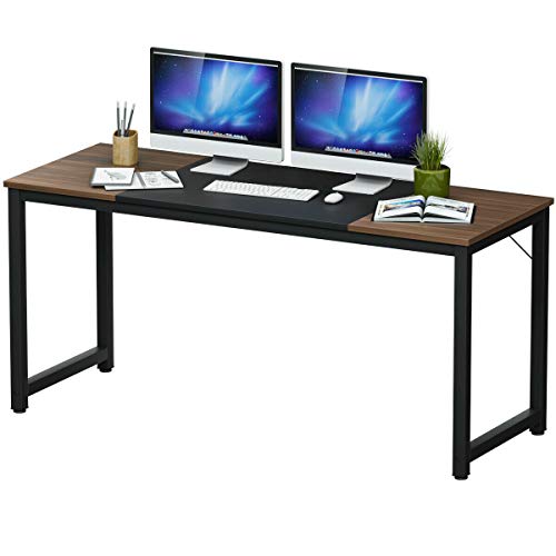 Tangkula 63 Inches Home Office Computer Desk, Large Writing Study Table, Computer Workstation with Solid Metal Frame for Home Office Bedroom, Dining Table (Black & Brown)