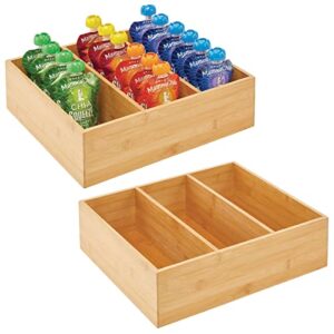 mdesign bamboo kitchen pantry organizer bin box, 3 sections - wooden stackable basket crates for food, produce, vegetable storage - use on shelves or in closet, echo collection, 2 pack - natural/tan