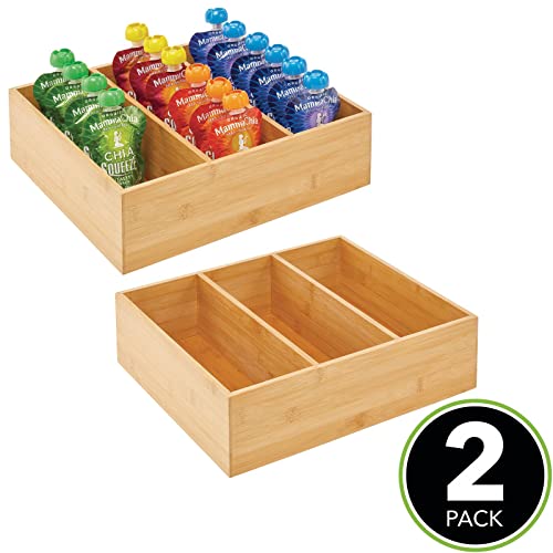 mDesign Bamboo Kitchen Pantry Organizer Bin Box, 3 Sections - Wooden Stackable Basket Crates for Food, Produce, Vegetable Storage - Use on Shelves or in Closet, Echo Collection, 2 Pack - Natural/Tan