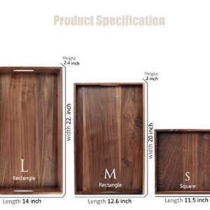 MAGIGO Set of 3 Large Solid Black Walnut Wood Ottoman Tray with Handles, Serve Tea, Coffee or Breakfast in Bed, Classic Wooden Decorative Serving Tray, L+M+S