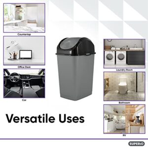 Superio 1.25 Gal Mini Plastic Trash Can with Swing Top Lid Small Waste Bin for Countertop, Desk, Vanity, Bathroom 5 Quart (Grey/Black)