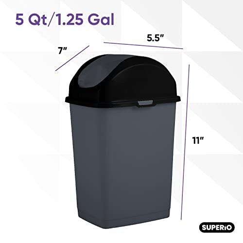 Superio 1.25 Gal Mini Plastic Trash Can with Swing Top Lid Small Waste Bin for Countertop, Desk, Vanity, Bathroom 5 Quart (Grey/Black)