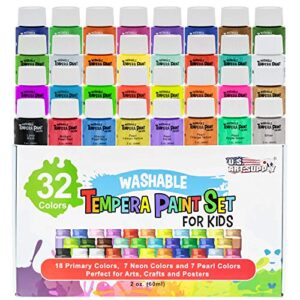 u.s. art supply 32 color children's washable tempera paint set - 2 ounce wide mouth bottles for arts, crafts and posters