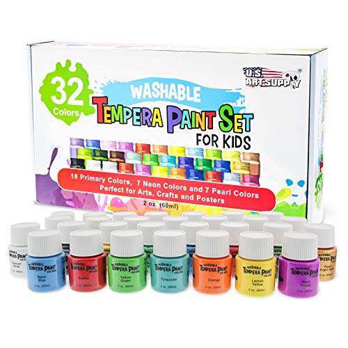 U.S. Art Supply 32 Color Children's Washable Tempera Paint Set - 2 Ounce Wide Mouth Bottles for Arts, Crafts and Posters