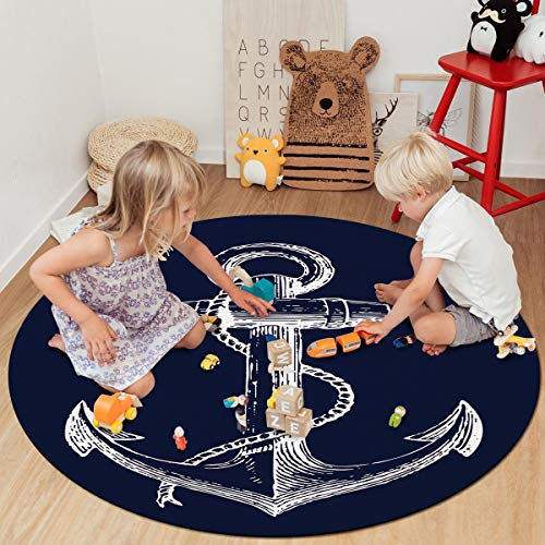 Round Area Rugs 4 ft Nautical Anchor Navy Blue Floor Carpets Indoors/Outdoor Living Room/Bedroom/Children Playroom/Kitchen Mats Non Slip Yoga Carpets