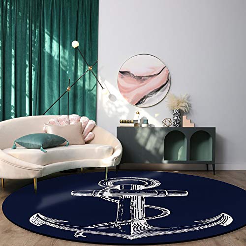 Round Area Rugs 4 ft Nautical Anchor Navy Blue Floor Carpets Indoors/Outdoor Living Room/Bedroom/Children Playroom/Kitchen Mats Non Slip Yoga Carpets