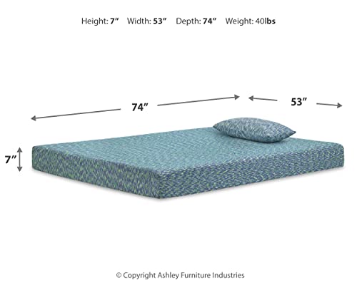 Signature Design by Ashley iKidz 7 Inch Firm Memory Foam Mattress with Pillow, CertiPUR-US Certified, Full, Blue