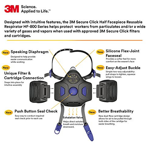 Secure Click 3M Respirator, Half Face Reusable Respirator with Speaking Diaphragm and Push Button Seal Check, HF-803SD, Sweeping, Sanding, Grinding, Sawing, Dust, Large