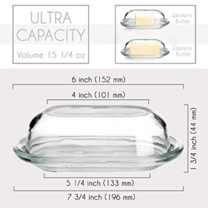 Large Glass Butter Dish with Lid, 2-Piece Classic Vintage Design Large Butter Saver, Covers and Holds a Standard Stick of Butter Dimensions, Dishwasher Safe