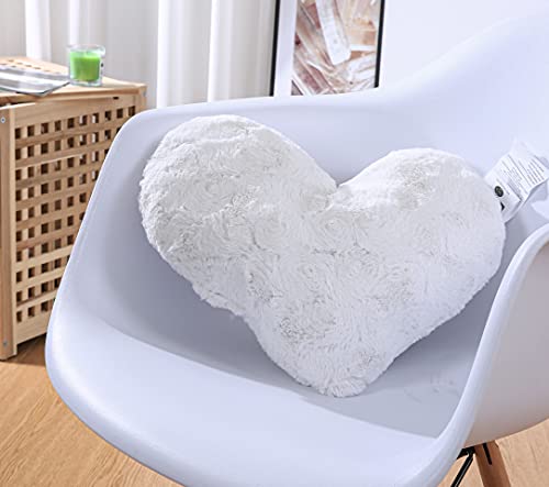 DaDalogy Bedding Luxury Dreamy White Faux Fur Heart Pillow - Lovely Valentine Gift Throw Cushion with Sewn Insert - Cute Romantic Soft Sherpa Backside | Upgraded- 16” x 14”