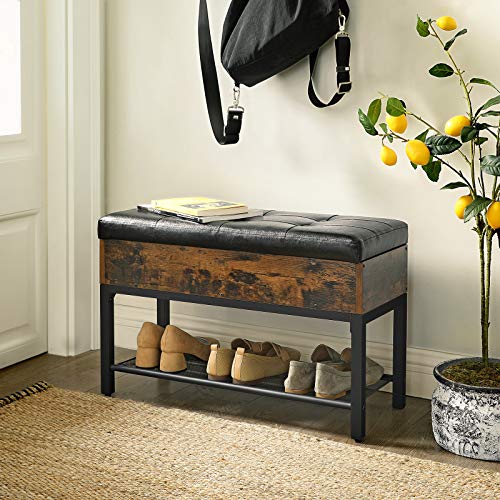 VASAGLE Padded Bench with Storage Box and Shoe Shelf, Bedroom Stool, Steel Frame, Synthetic Leather, Industrial, 27.6" L x 11.8" W x 17.7" H (70 x 30 x 45 cm), Rustic Brown + Black