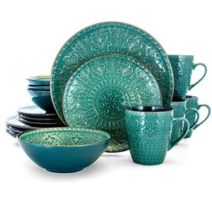 elama round stoneware embossed dinnerware dish set, 16 piece, ocean teal and green