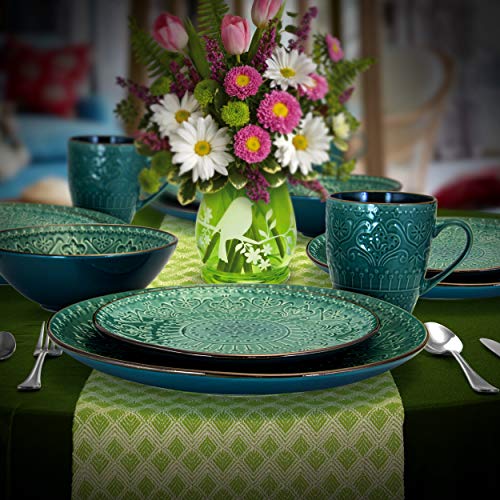 Elama Round Stoneware Embossed Dinnerware Dish Set, 16 Piece, Ocean Teal and Green