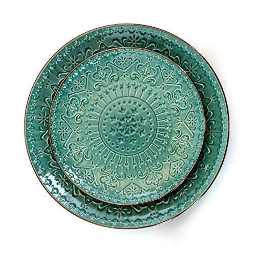 Elama Round Stoneware Embossed Dinnerware Dish Set, 16 Piece, Ocean Teal and Green