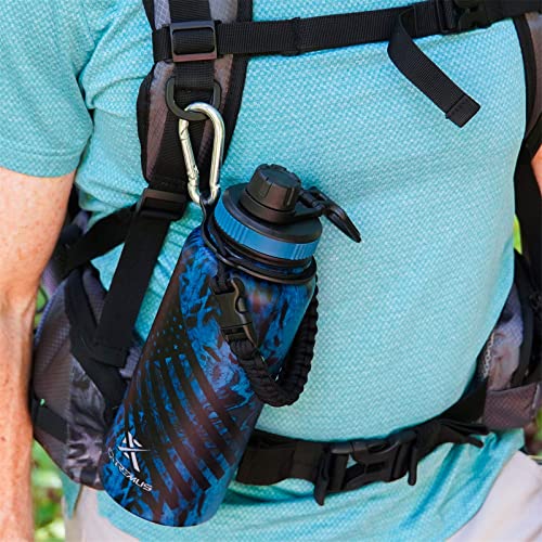 Extremus Deluge Stainless Steel Vacuum Insulated Sports Water Bottle with 100% Leak-Proof Travel Lid, Paracord Survival Handle, 32 oz, Prym1 Blue Flag