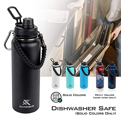 Extremus Deluge Stainless Steel Vacuum Insulated Sports Water Bottle with 100% Leak-Proof Travel Lid, Paracord Survival Handle, 32 oz, Prym1 Blue Flag