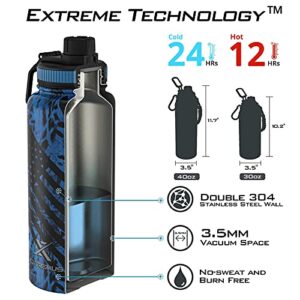 Extremus Deluge Stainless Steel Vacuum Insulated Sports Water Bottle with 100% Leak-Proof Travel Lid, Paracord Survival Handle, 32 oz, Prym1 Blue Flag