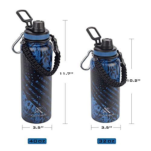 Extremus Deluge Stainless Steel Vacuum Insulated Sports Water Bottle with 100% Leak-Proof Travel Lid, Paracord Survival Handle, 32 oz, Prym1 Blue Flag