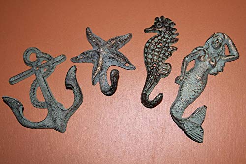 Bronze Look Cast Iron Nautical Towel Hooks, Starfish Mermaid Seahorse Anchor Designs