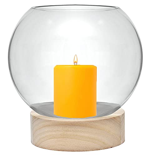 CYS EXCEL Glass Terrarium Candle Holder Bubble Bowl with Wood Base (H:8" W:6.5") | Unique Fish Bowl Aquarium with Wooden Stand | Plant Bubble Dome | Candy Bowl Storage Container