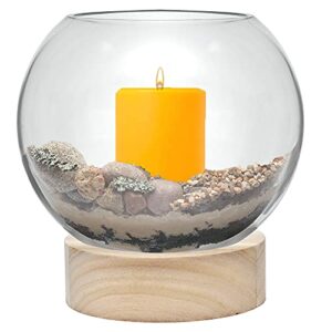 CYS EXCEL Glass Terrarium Candle Holder Bubble Bowl with Wood Base (H:8" W:6.5") | Unique Fish Bowl Aquarium with Wooden Stand | Plant Bubble Dome | Candy Bowl Storage Container