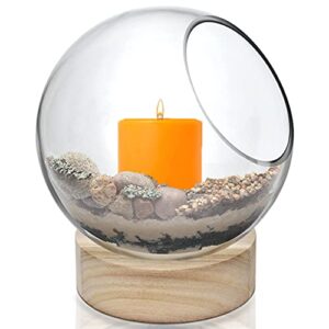 CYS EXCEL Glass Terrarium Candle Holder Bubble Bowl with Wood Base (H:8" W:6.5") | Unique Fish Bowl Aquarium with Wooden Stand | Plant Bubble Dome | Candy Bowl Storage Container