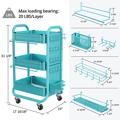 DESIGNA 3-Tier Utility Storage Rolling Cart with Removable Pegboard & Extra Storage Baskets Hooks, Metal Craft Art Carts for Gift Home Office, Teal