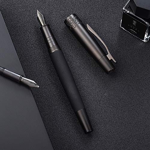 6013 Pure Black Solid Metal Fountain Pen Extra Fine Nib, Senior General Ink Converter Pen Metal Box by Hongdian