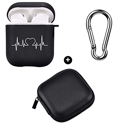 JOYLAND Black Case Cover for AirPod 1&2 w/Keychain Ring+Storage Bag, Love Heartbeat Line Case Wireless Earphone Case Smooth Anti-dust Silicone Protective Soft Skin Cute Case for AirPods 1 & 2