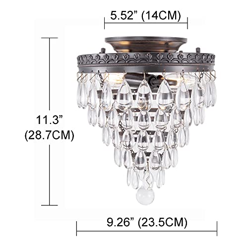 GRUENLICH Semi Flush Mount for Outdoor and Indoor, K9 Crystal Ceiling Light Fixture with 2 Light E12 Base, Metal Housing with Oil Rubbed Bronze Finish, Bulb not Included