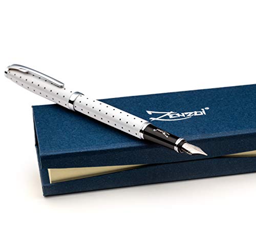 ZenZoi White Fountain Pen | Effortlessly Elegant Writing: Premium Metal Fountain Pen Set with German Schmidt Fine Nib, Ink Converter, and Gift Box Case