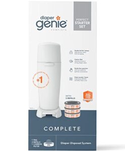 diaper genie complete diaper pail (white) with antimicrobial odor control | includes 1 diaper trash can, 3 refill bags, 1 carbon filter