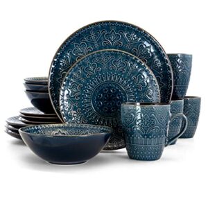 elama round stoneware embossed dinnerware dish set, 16 piece, sea blue with brown trim