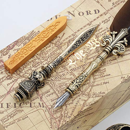 GC QUILL Feather Pen and Ink Set, Calligraphy Quill Pen with Metal Letter Opener Pen Holder 6 Nibs 1 Dip Ink and 1 Sealing Wax Gift for Kids Adults Writers – MU-08