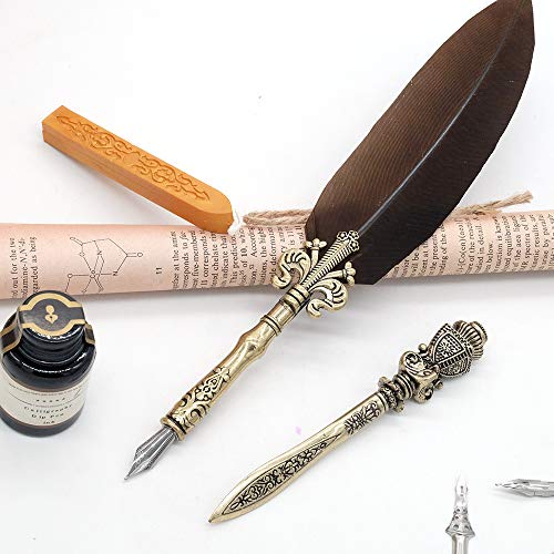 GC QUILL Feather Pen and Ink Set, Calligraphy Quill Pen with Metal Letter Opener Pen Holder 6 Nibs 1 Dip Ink and 1 Sealing Wax Gift for Kids Adults Writers – MU-08