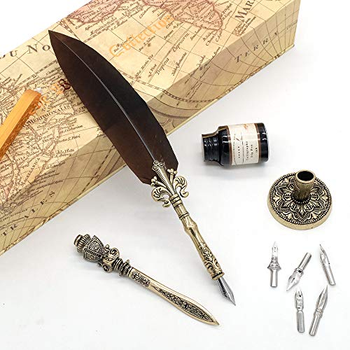 GC QUILL Feather Pen and Ink Set, Calligraphy Quill Pen with Metal Letter Opener Pen Holder 6 Nibs 1 Dip Ink and 1 Sealing Wax Gift for Kids Adults Writers – MU-08