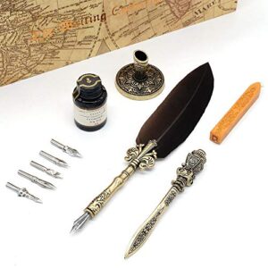 GC QUILL Feather Pen and Ink Set, Calligraphy Quill Pen with Metal Letter Opener Pen Holder 6 Nibs 1 Dip Ink and 1 Sealing Wax Gift for Kids Adults Writers – MU-08